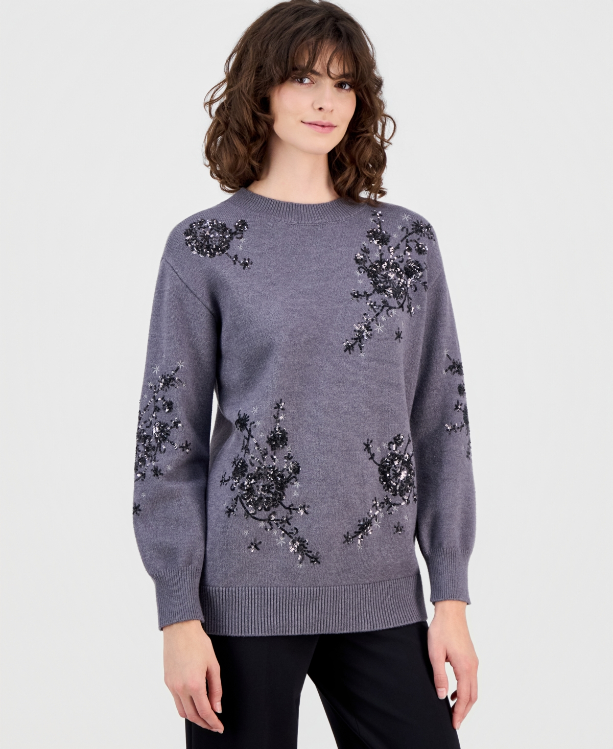 Anne Klein Womens Sequin Embellished Sweater - Med Heather Grey
