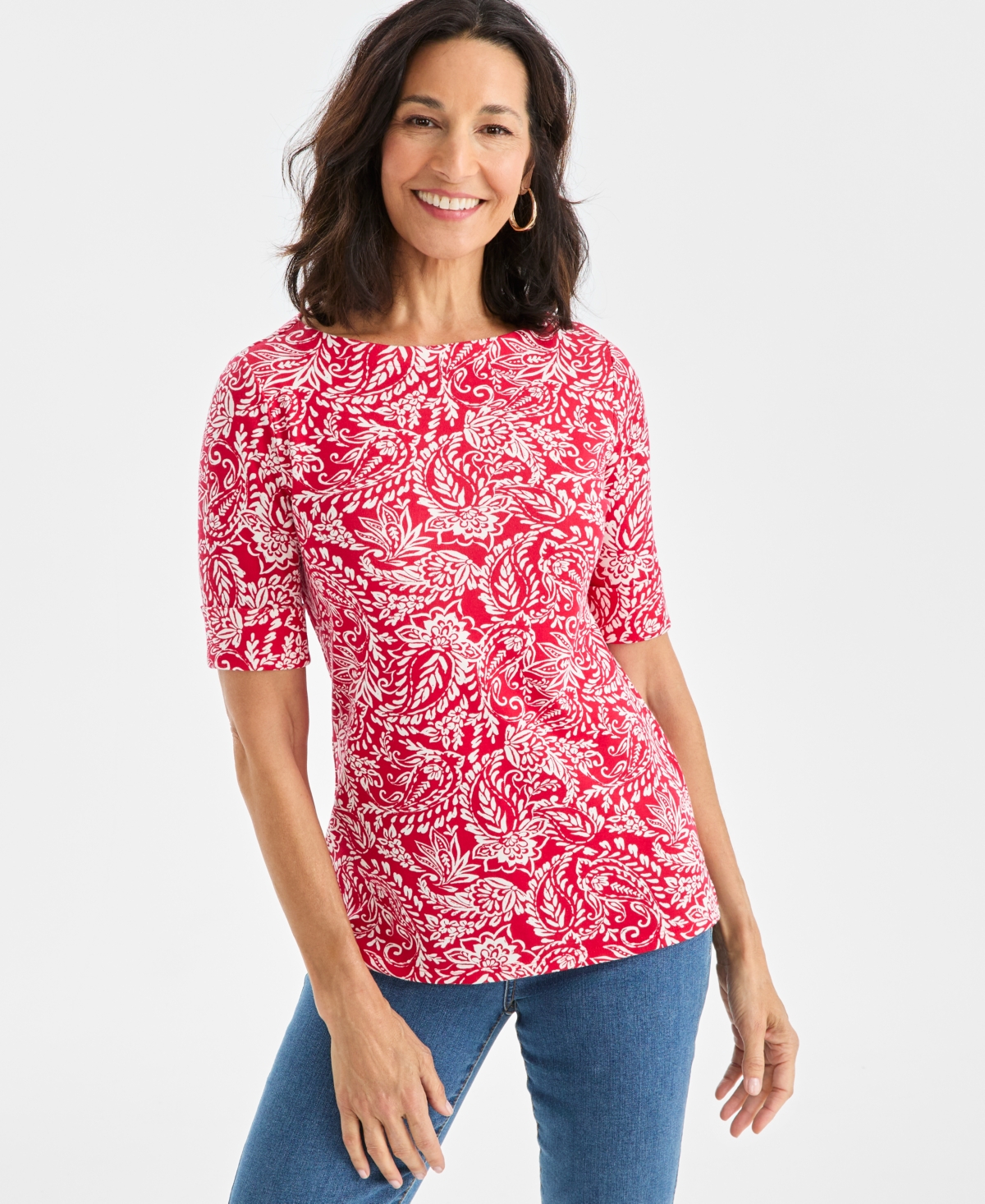 Click here for Style & Co Womens Printed Boat-Neck Elbow-Sleeve T... prices