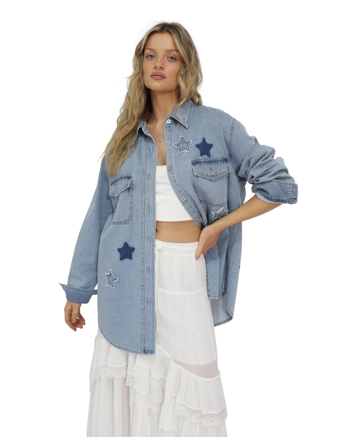 Click here for Belle & Bloom Stargazer Patch Detail Denim Shirt -... prices