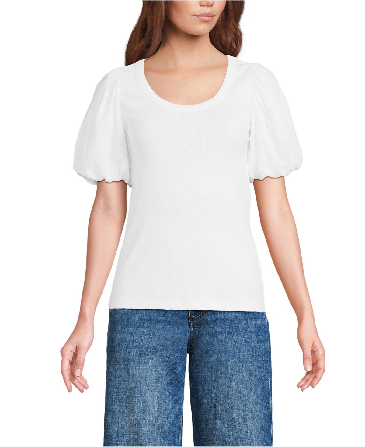 Click here for Lands End Womens Drapey Rib Puff Sleeve Scoop Neck... prices