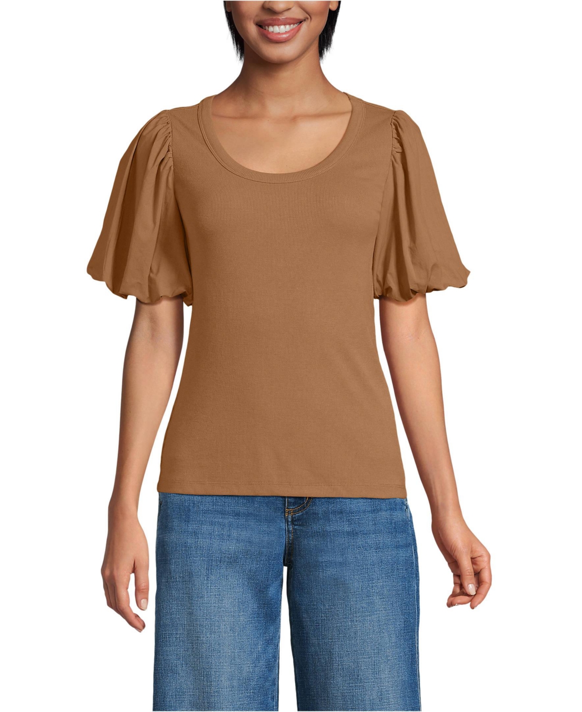 Click here for Lands End Womens Petite Drapey Rib Puff Sleeve Sco... prices