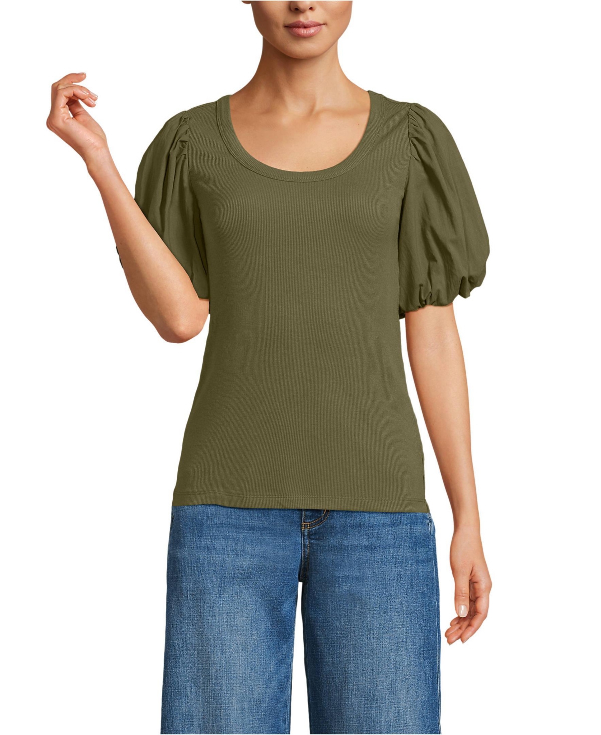 Click here for Lands End Womens Petite Drapey Rib Puff Sleeve Sco... prices