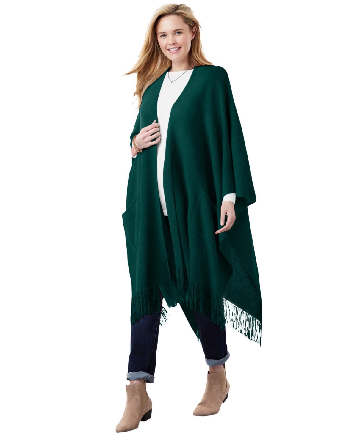 Click here for Woman Within Womens Within Fringed Cape - Emerald... prices