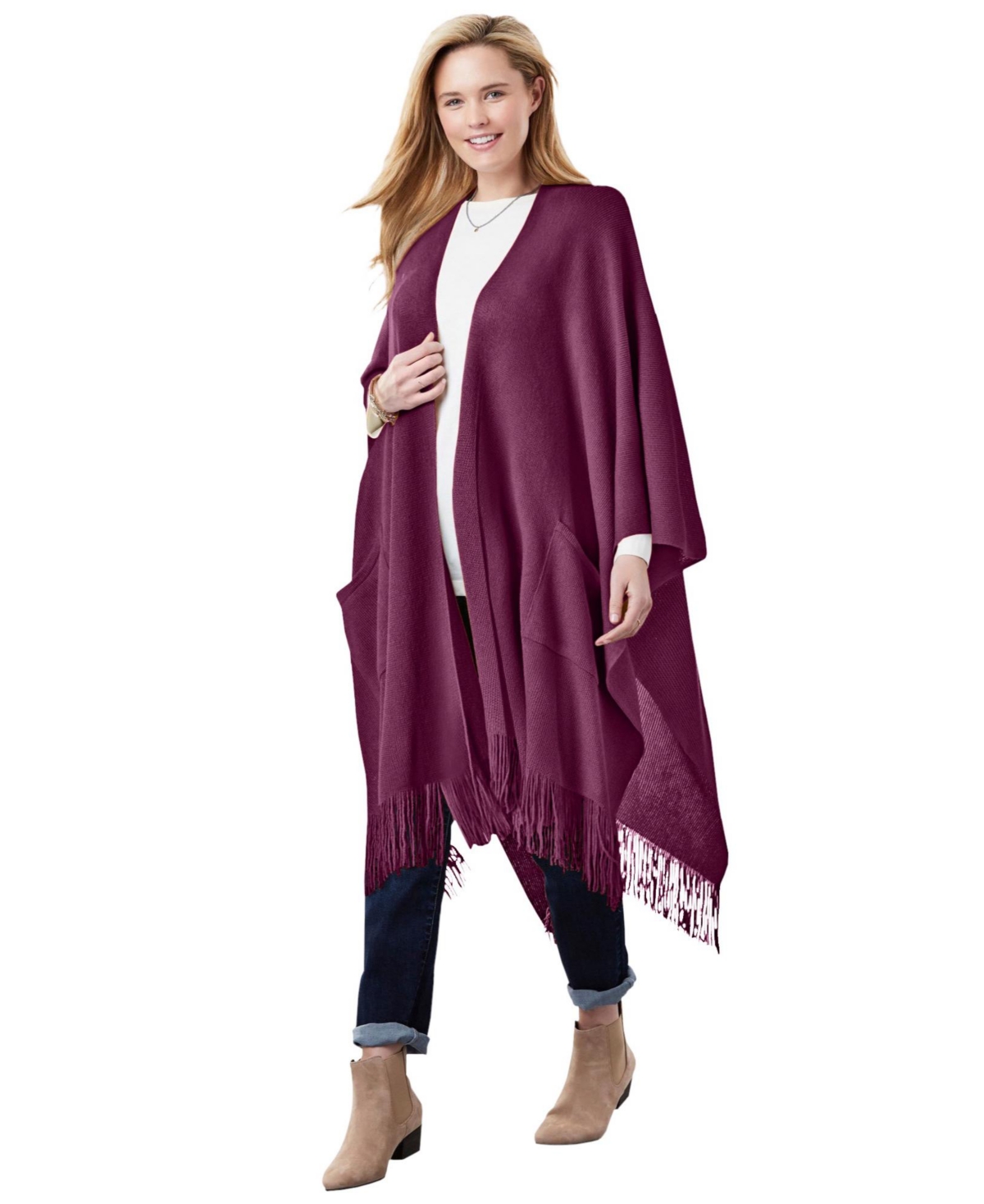 Click here for Woman Within Womens Within Fringed Cape - Deep cla... prices