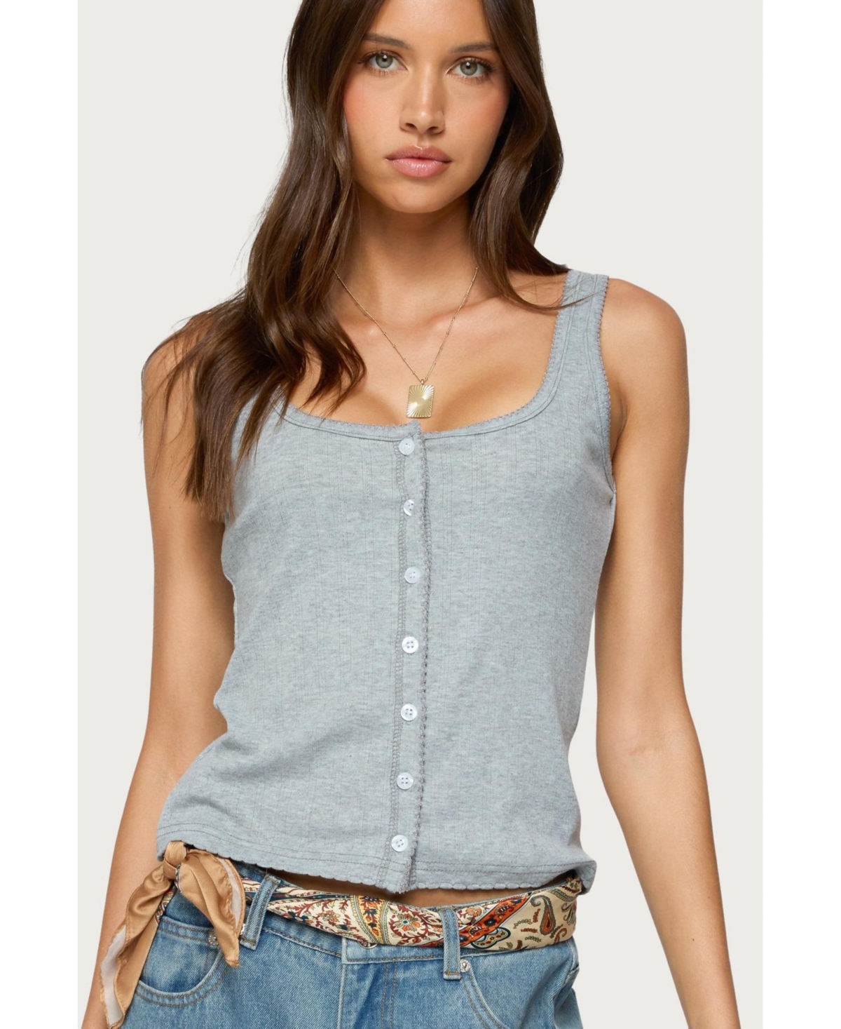 Click here for Edikted Womens Gwenne Pointelle Button Up Tank Top... prices
