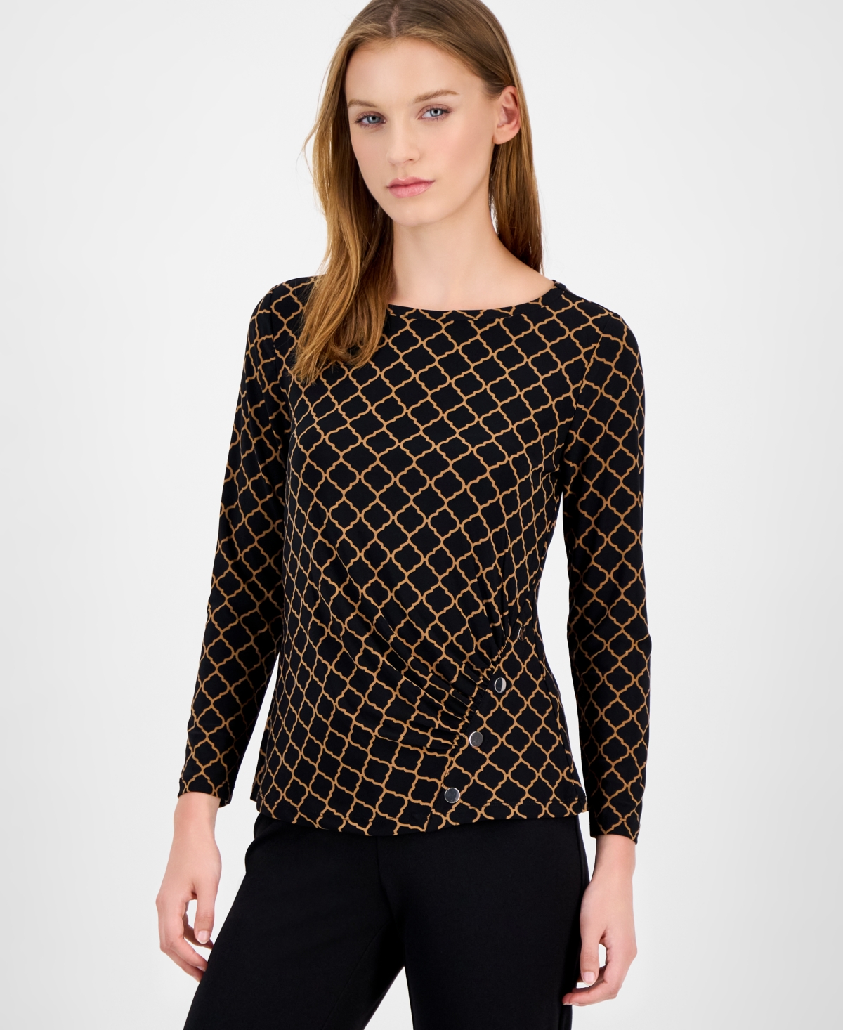 Click here for Ak Anne Klein Petite Printed Gathered Long-Sleeve... prices