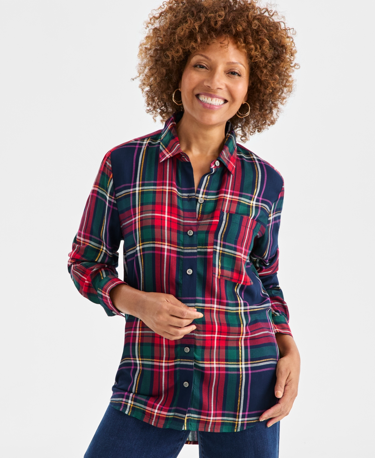 Click here for Style & Co Womens Festive Plaid Perfect Shirt  Mac... prices