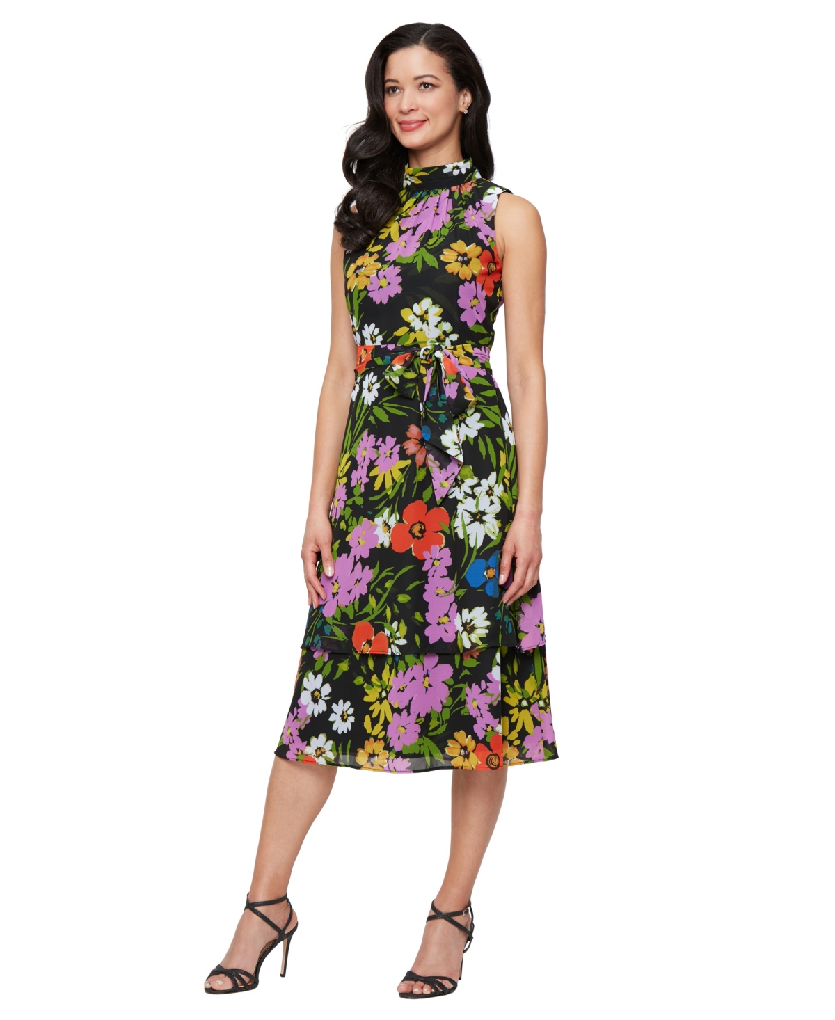 Sl Fashions Womens Sleeveless Double Tier Midi Dress - Black Multi