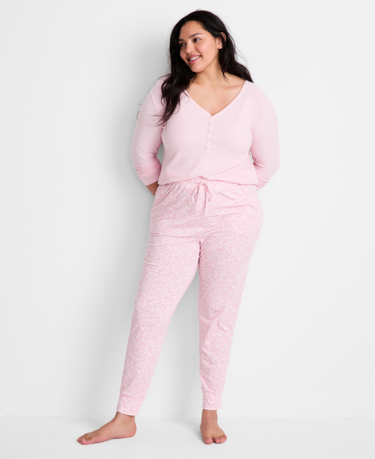 State of Day Womens Long-Sleeve Ribbed Henley Sleep Top Xs-3X  Created for Macys - Pink