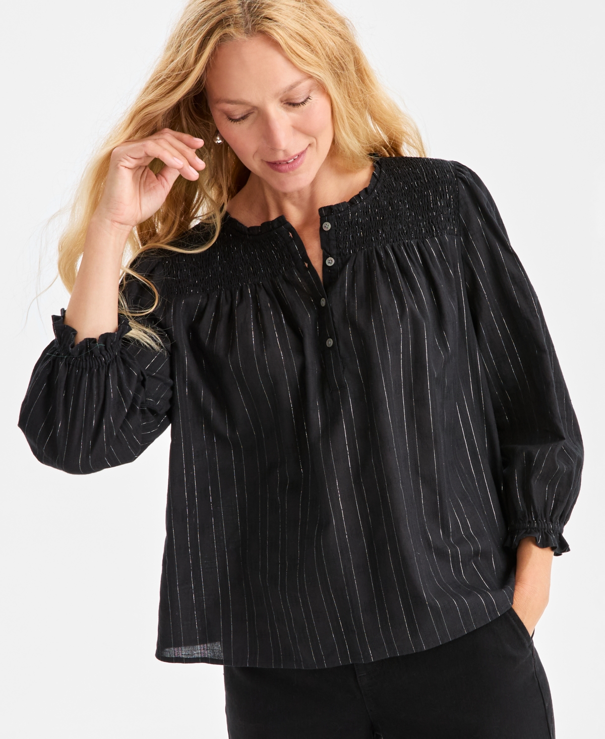 Click here for Style & Co Womens Smocked-Yoke Shine Blouse  Macys... prices