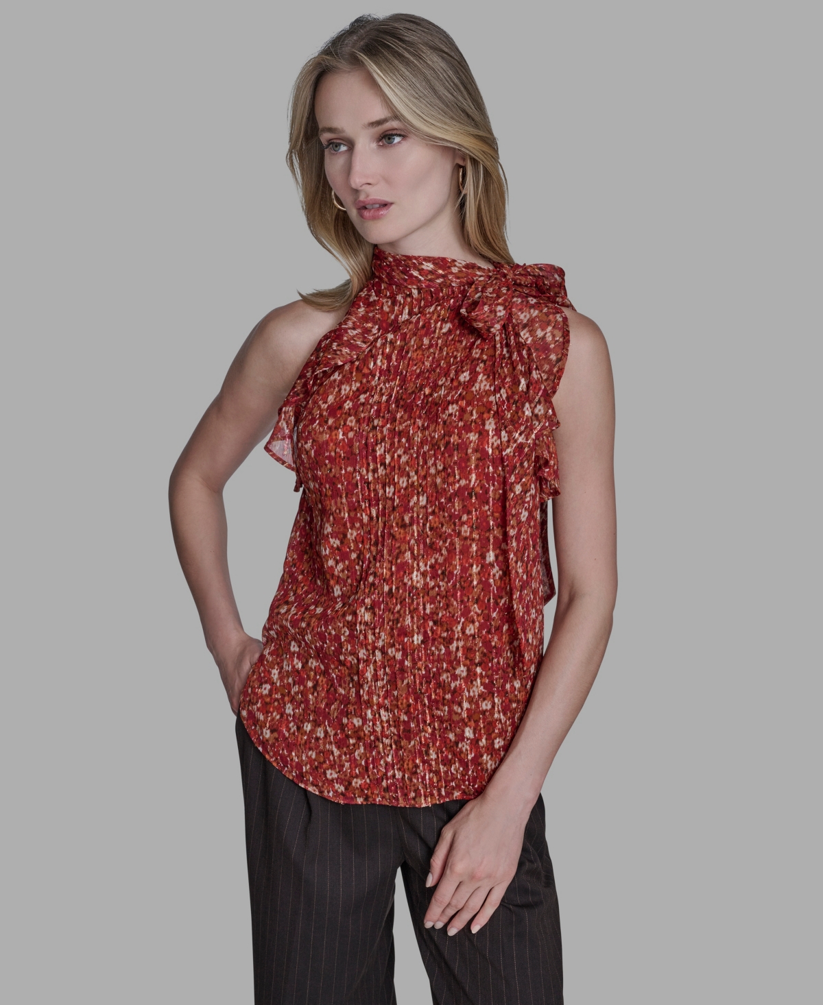 Click here for Bcbg Womens Printed Halter Neck Blouse - Maple Bro... prices