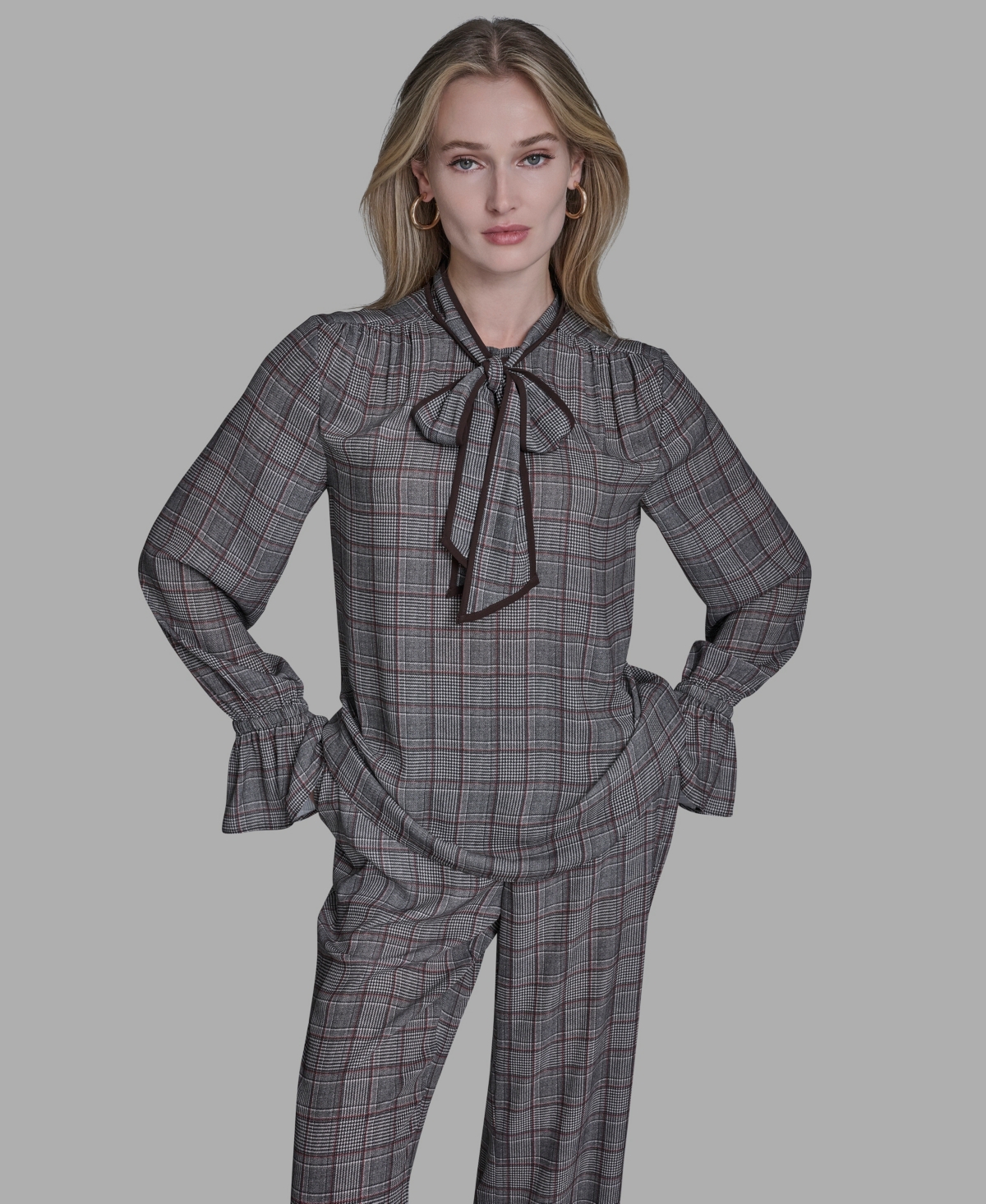 Click here for Bcbg Womens Plaid Long Sleeve Tie Neck Top - Black... prices