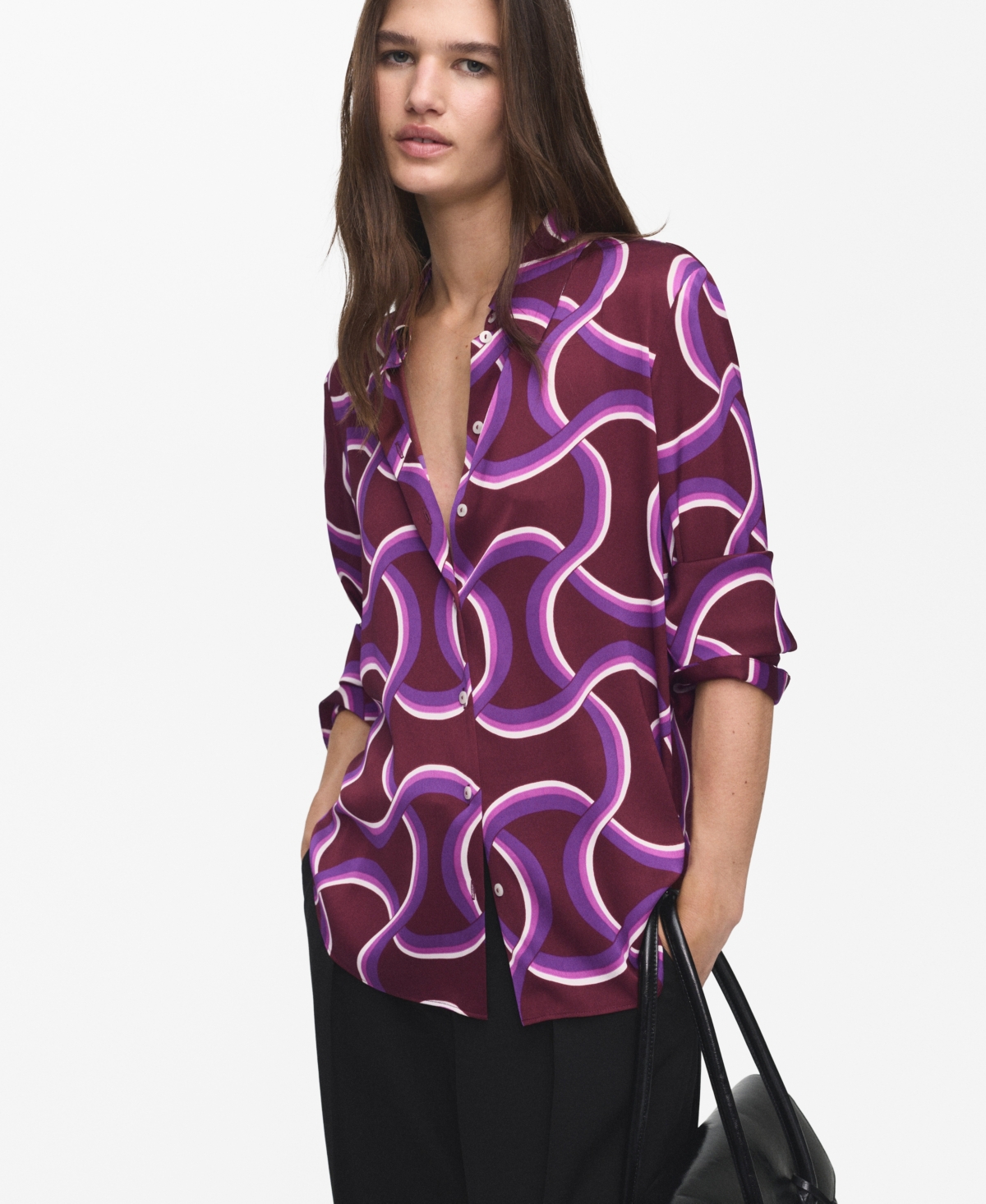 Click here for Mango Womens Abstract Print Shirt - Purple prices