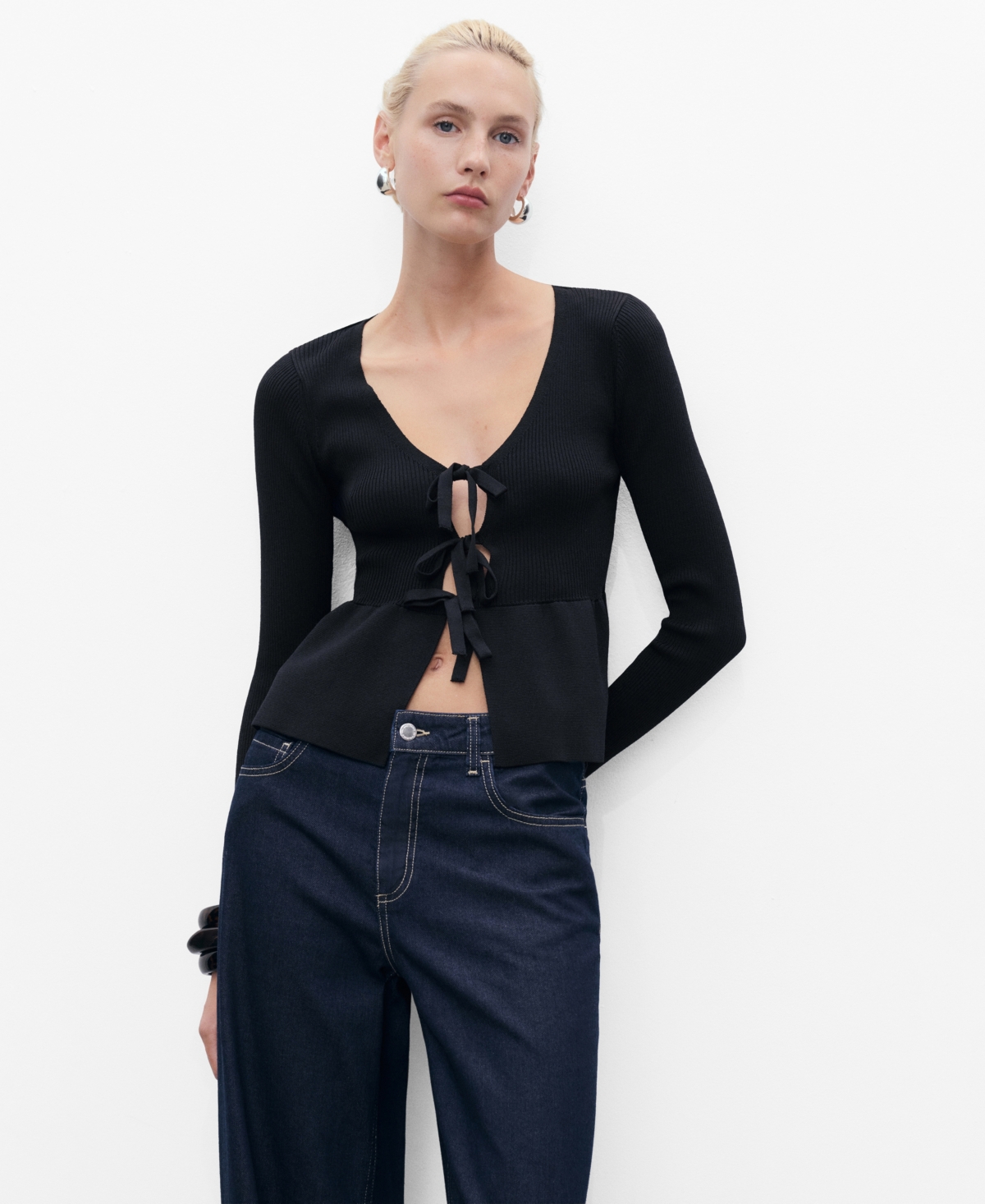 Click here for Mango Womens Ties Knitted Cardigan - Black prices