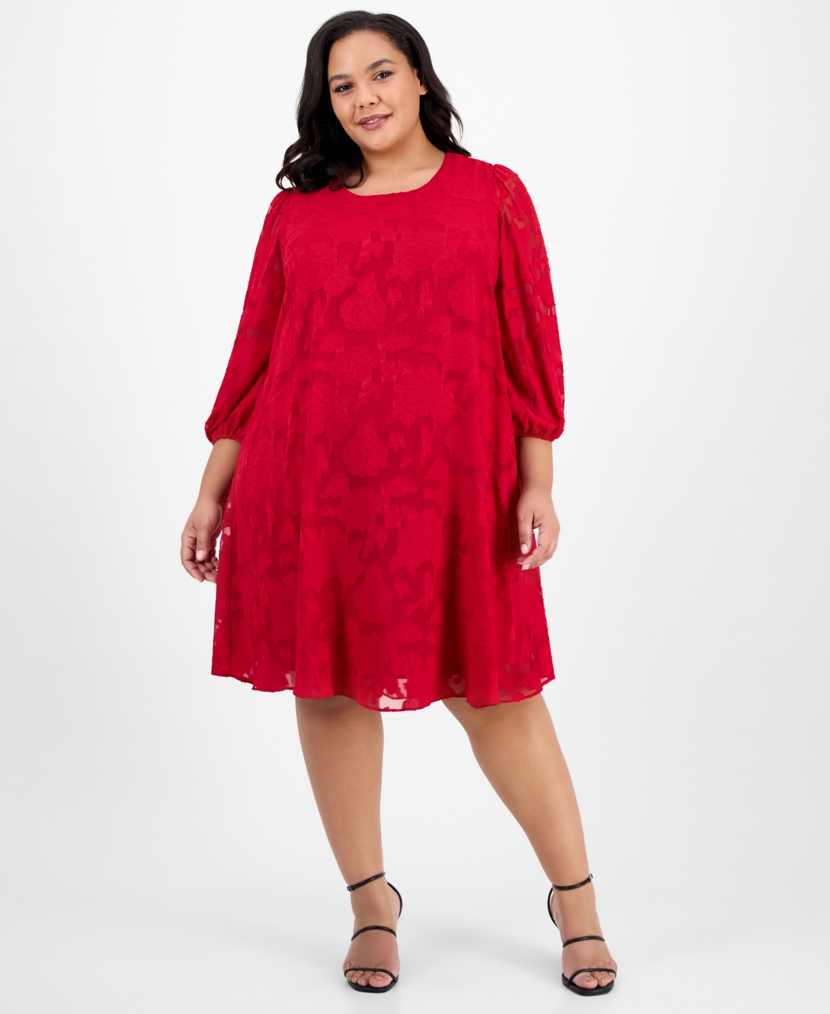 Robbie Bee Plus Size Floral Burnout Blouson-Sleeve Shift Dress - Red