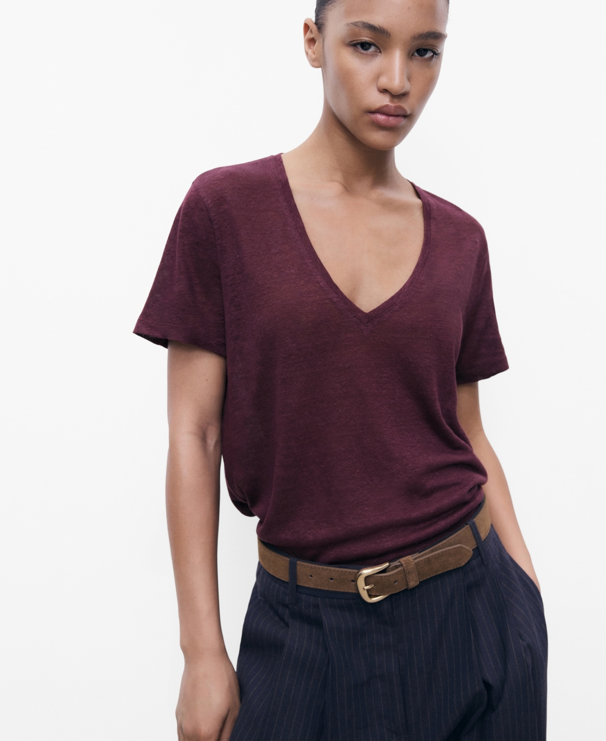 Click here for Mango Womens V-Neck Linen T-Shirt - Burgundy prices