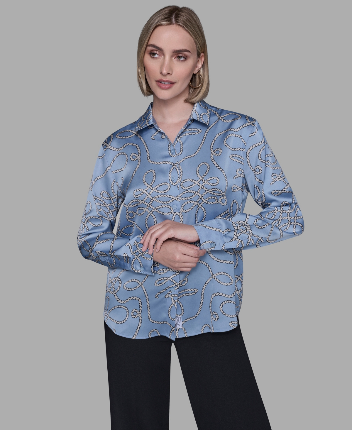 Karl Lagerfeld Paris Womens Printed Collared Neck Blouse - Glaci Blue/Birch