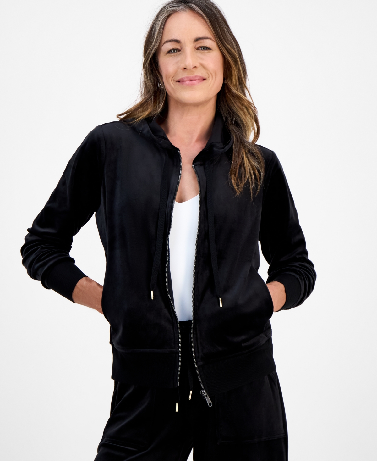 Click here for Style & Co Petite Zip-Front Long-Sleeve Velour Hoo... prices