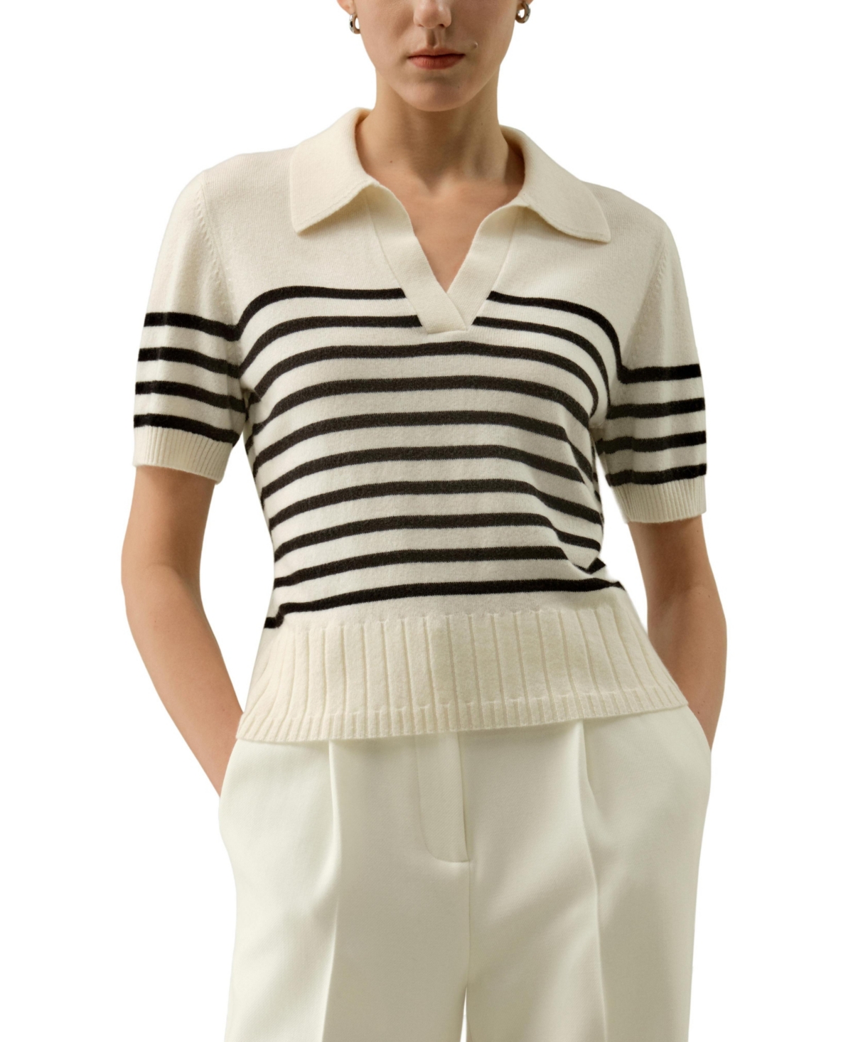 Click here for Lilysilk Womens Striped Cashmere Polo Sweater - Bl... prices