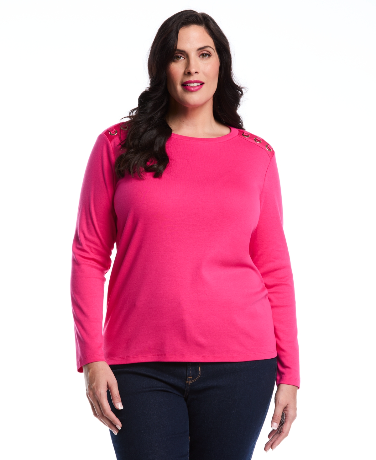 Click here for Rafaella Plus Size Laced Crew Neck Long Sleeve Top... prices