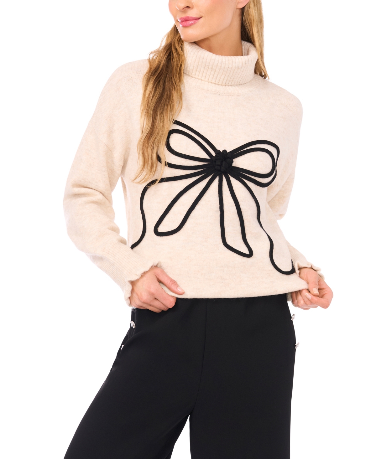 CeCe Embroidered Ribbon Turtleneck Sweater