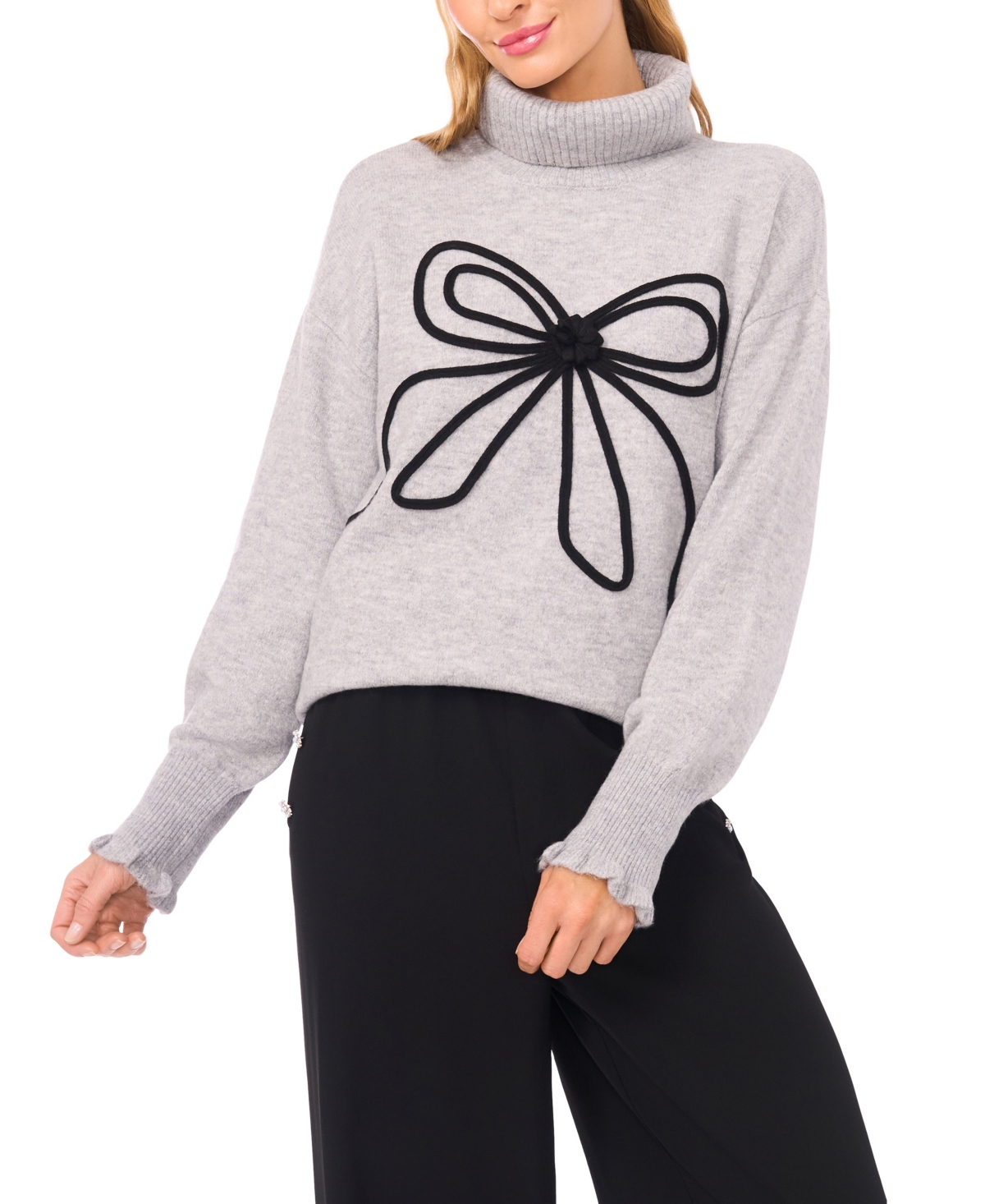 CeCe Embroidered Ribbon Turtleneck Sweater
