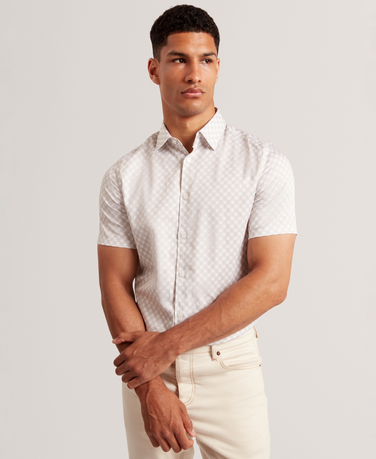 Click here for Ted Baker Mens Slim Fit Geo Print Shirt - Taupe prices