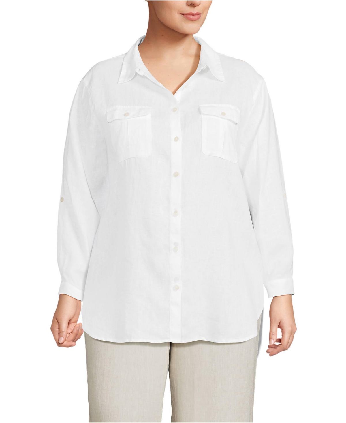 Click here for Lands End Plus Size Linen Roll Sleeve Relaxed Tuni... prices