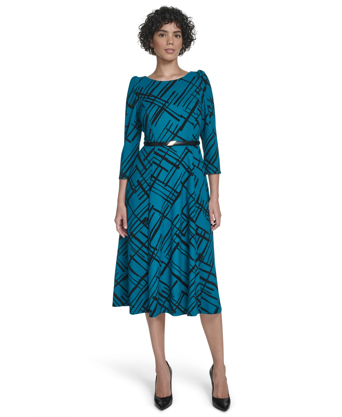 Click here for Calvin Klein Womens Belted Plaid Midi Dress - EMER... prices