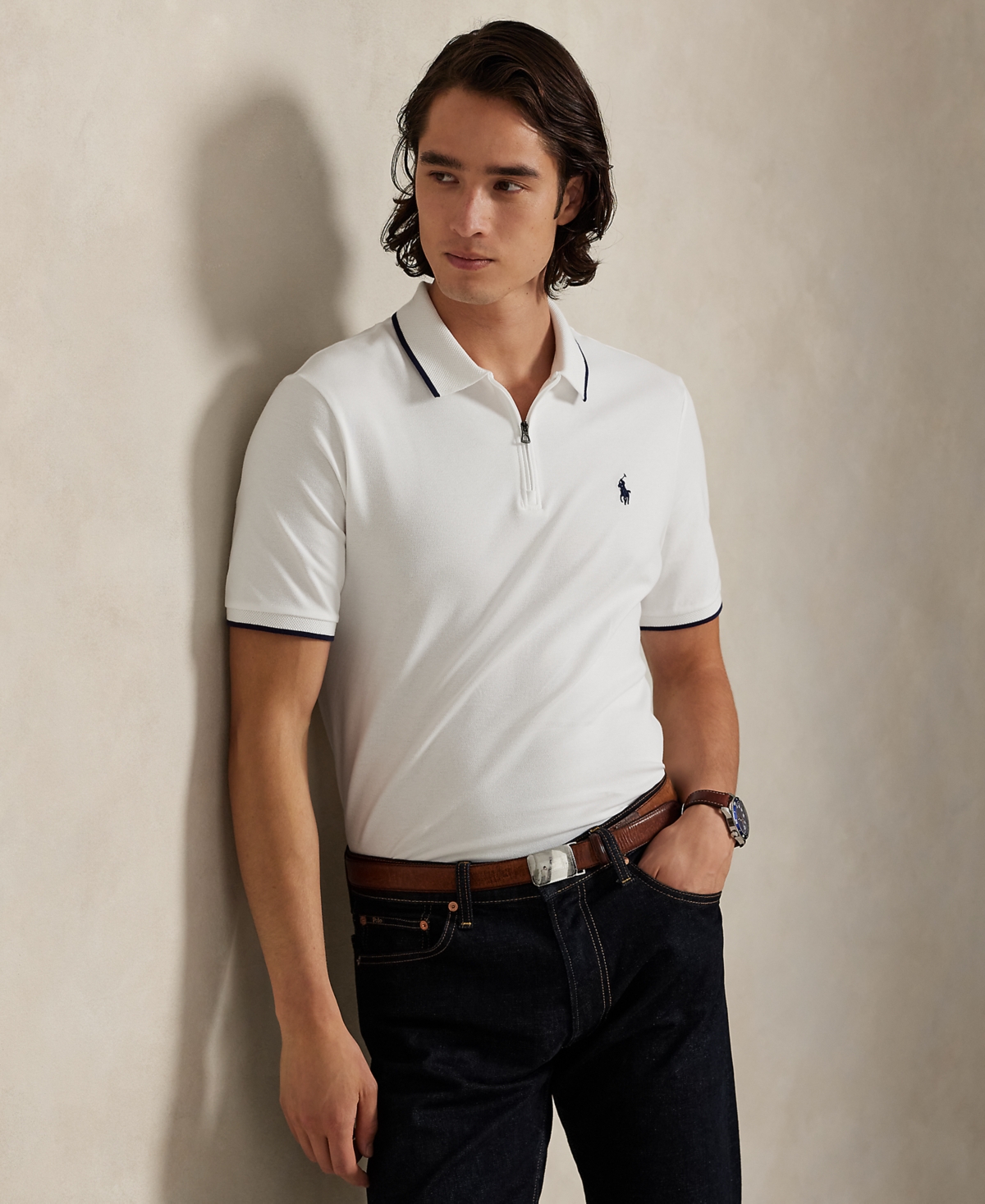 Polo Ralph Lauren Mens Classic-Fit Stretch Mesh Polo Shirt - White/Navy