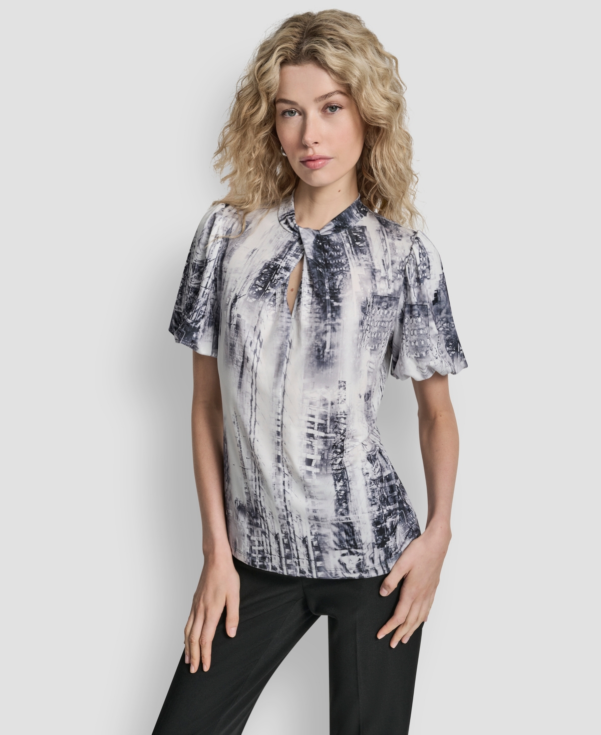 Click here for Dkny Womens Bell Sleeve Printed Top - Graphite/sto... prices