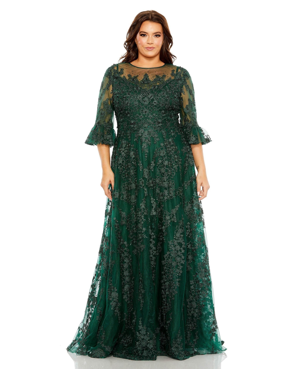 Click here for Mac Duggal Womens Plus High Neck Flutter Sleeve Em... prices