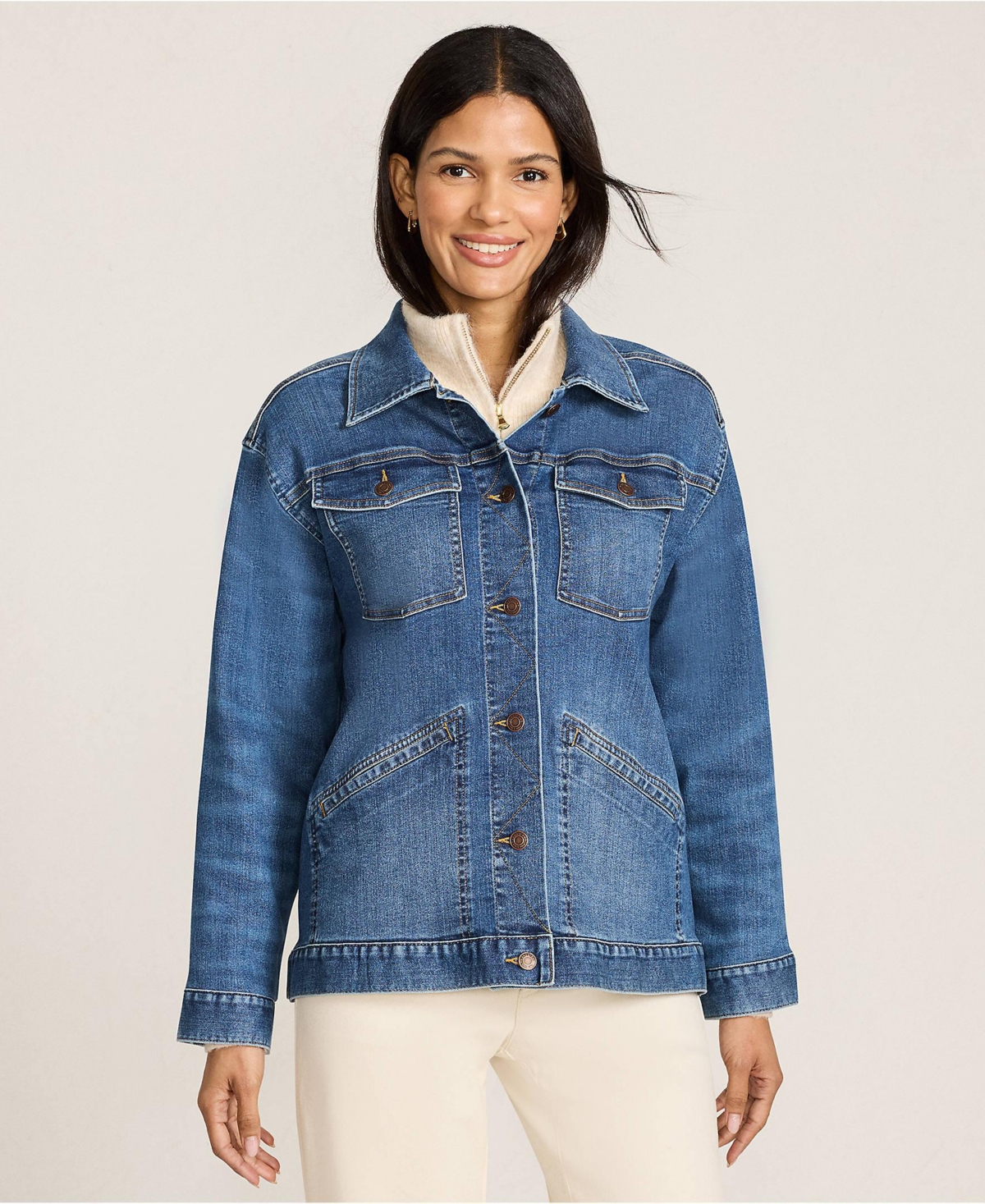 Click here for Lands End Womens Oversized Denim Trucker Jacket -... prices