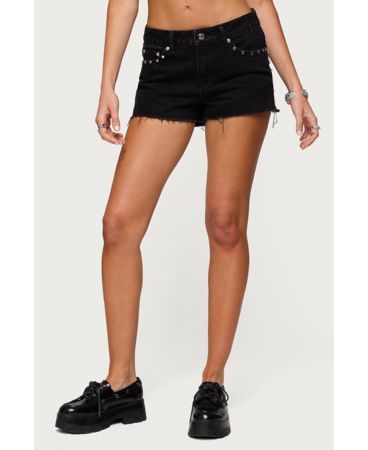 Click here for Edikted Womens Ashten Studded Denim Shorts - Black prices