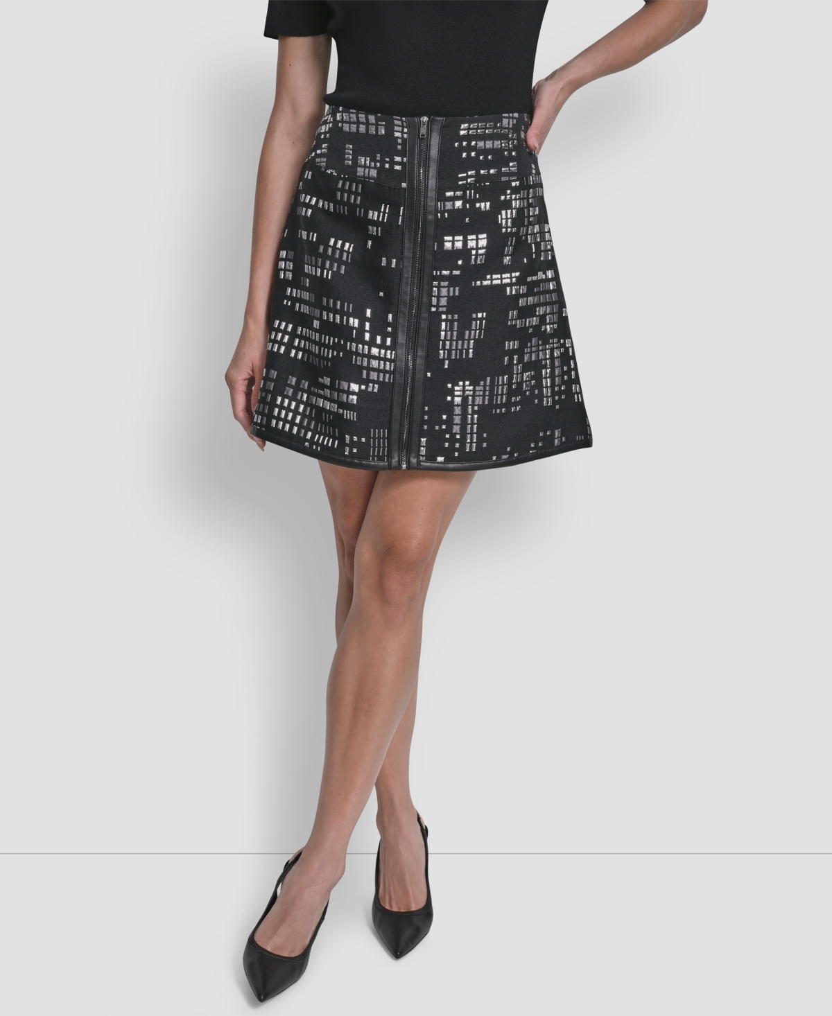 Click here for Dkny Womens Abstract Print Mini Skirt - Black/Silv... prices