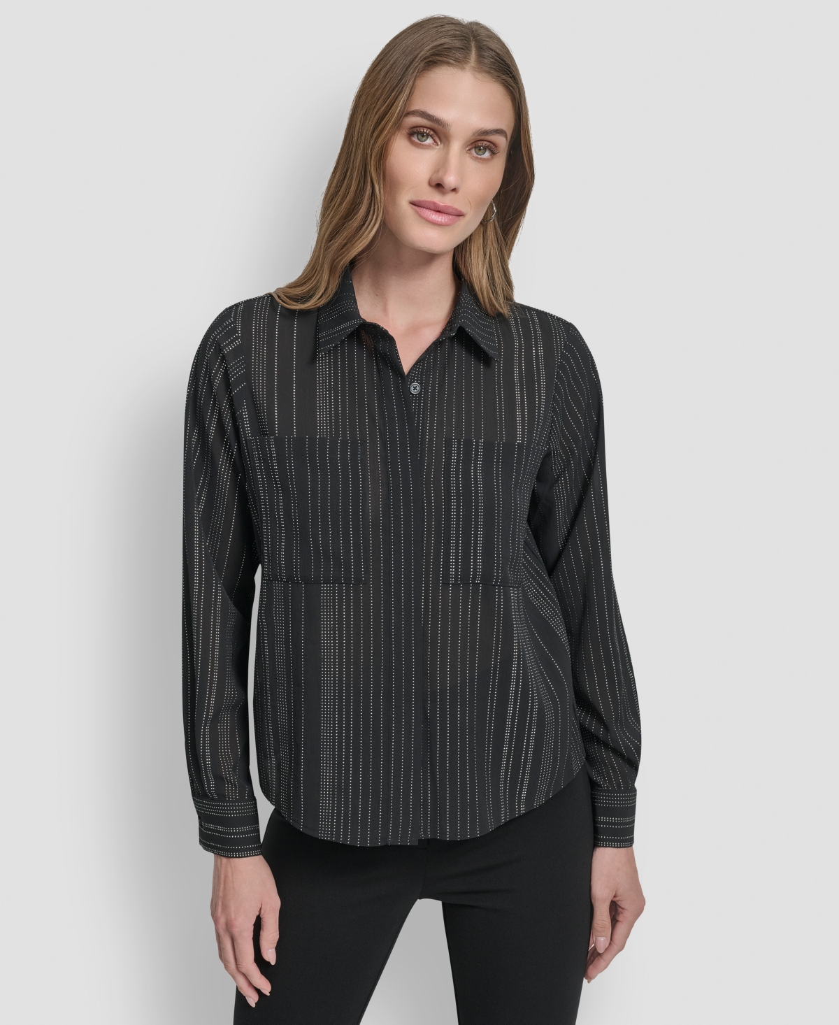 Click here for Dkny Womens Embellished Collared Shirt - Black prices