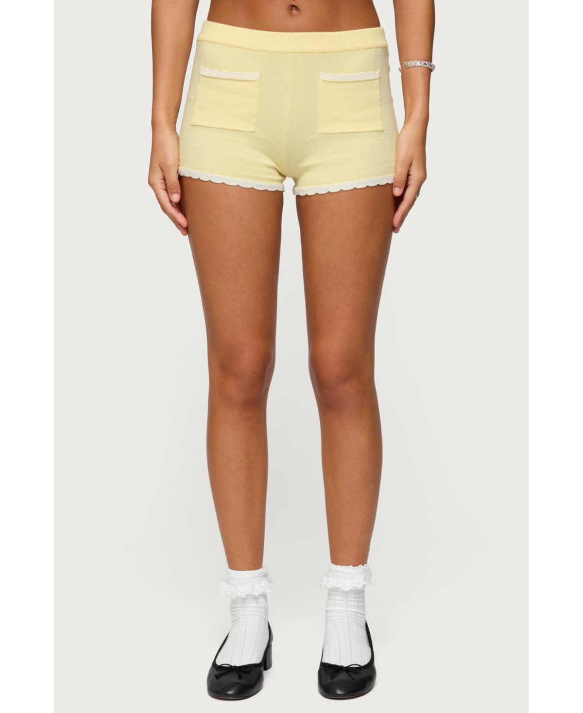 Click here for Edikted Womens Leila Scalloped Knit Shorts - Yello... prices