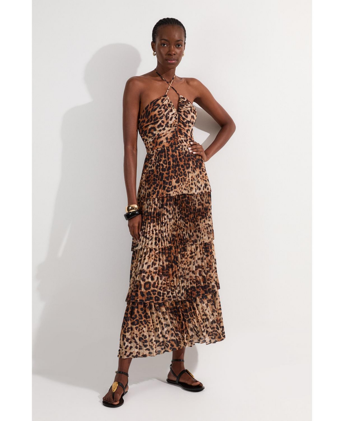 Karen Millen Womens Tiered Halterneck Midi Dress - Animal