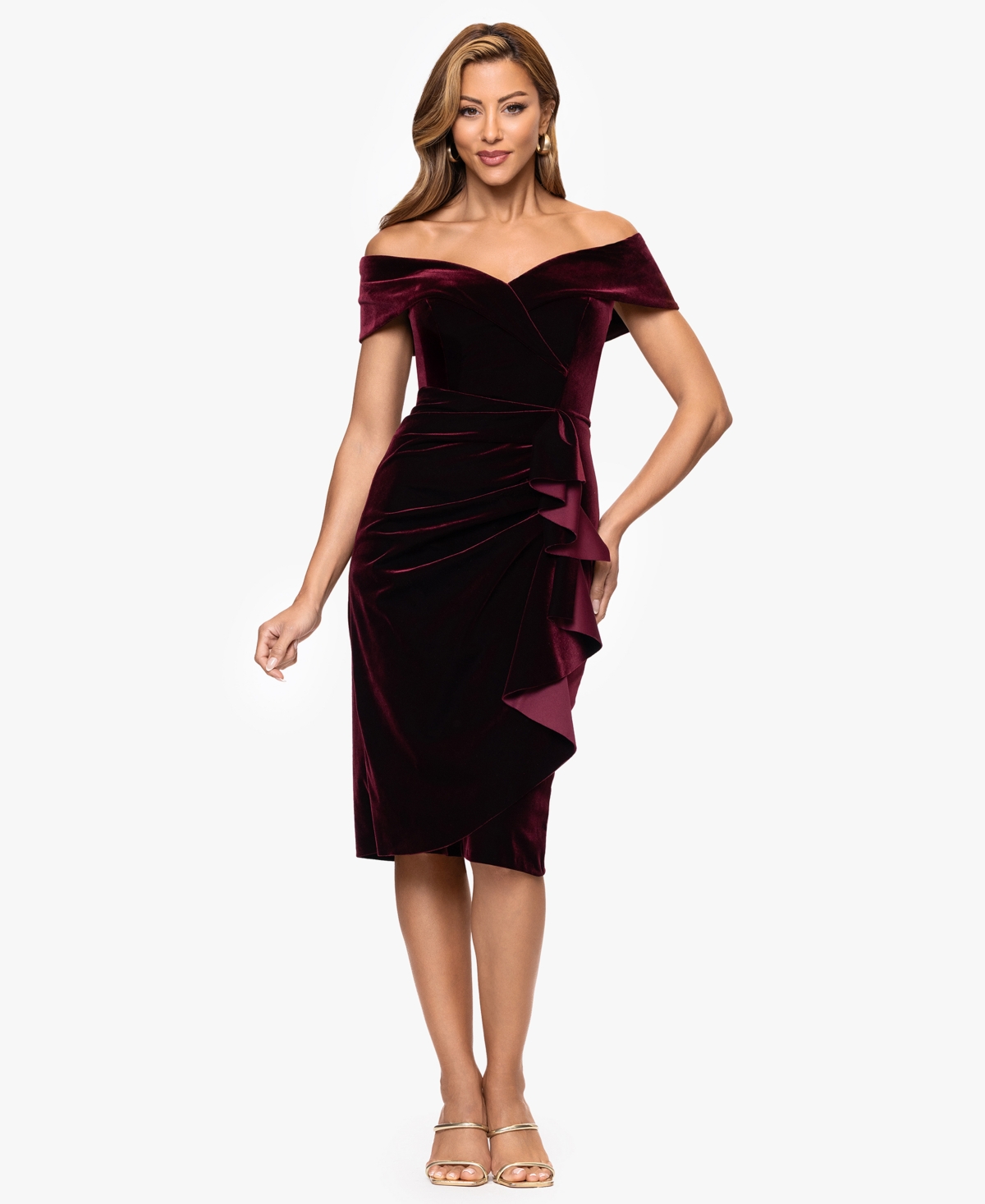 Click here for Xscape Womens Velvet Off Shoulder Neck Dress - Bur... prices