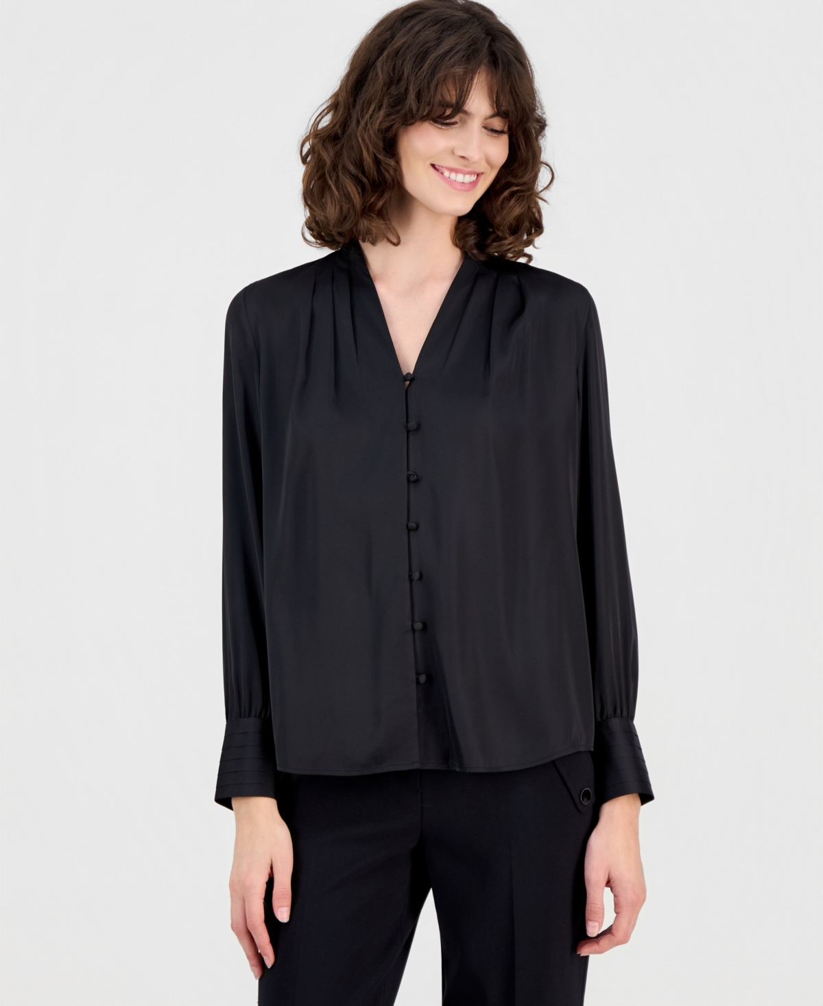 Anne Klein Womens V-Neck Button-Front Blouse - Anne Black