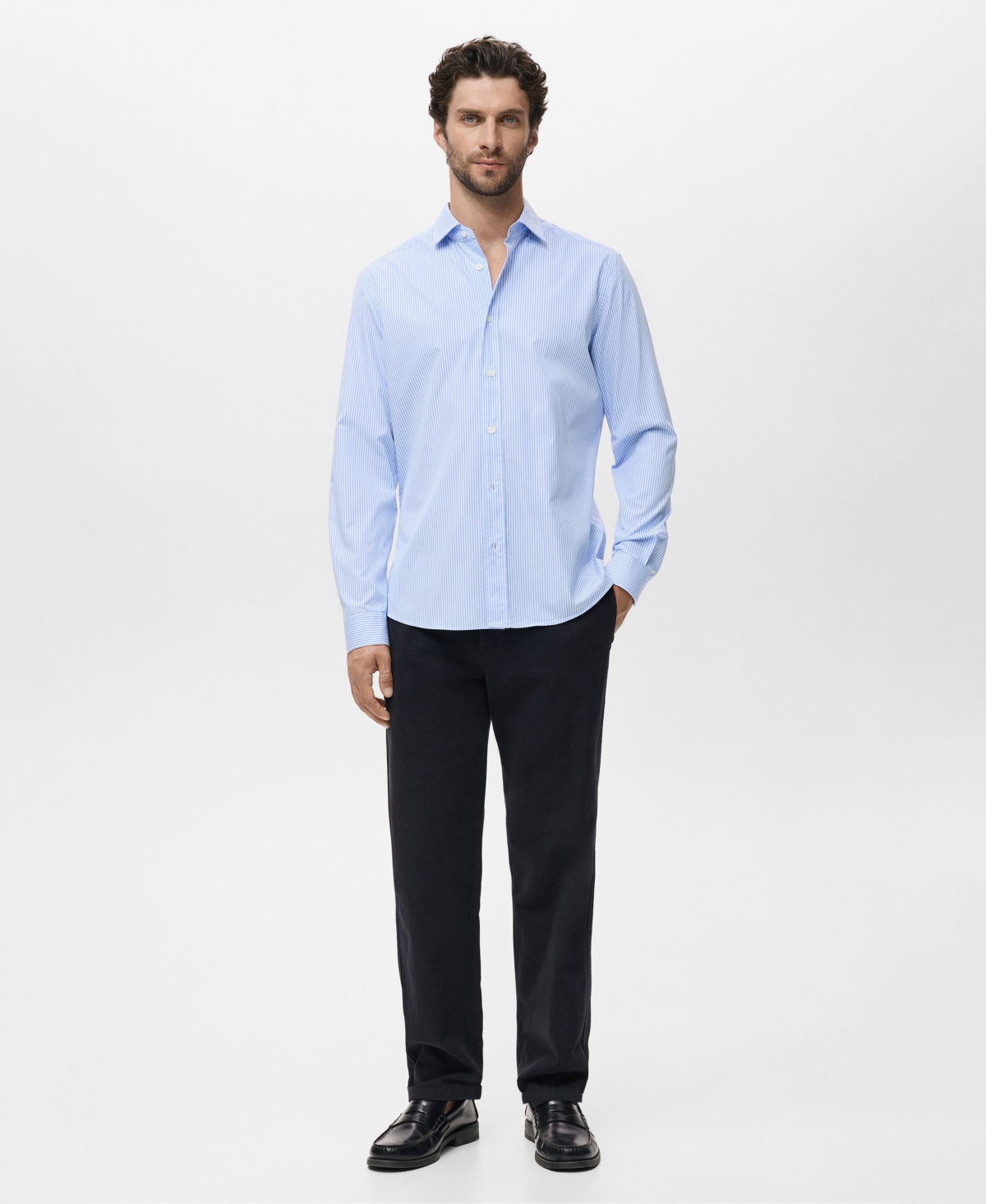Click here for Mango Mens Regular Fit Striped Cotton Shirt - Sky... prices