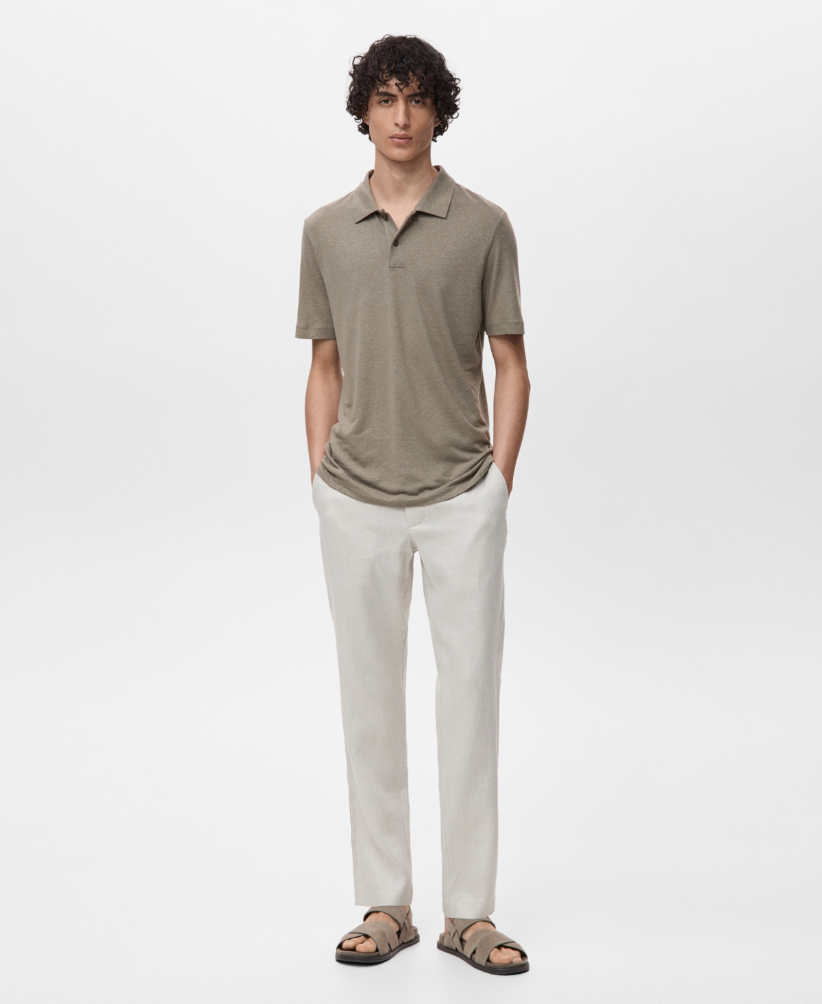 Click here for Mango Mens Linen Blend Slim Fit Polo Shirt - Choco... prices