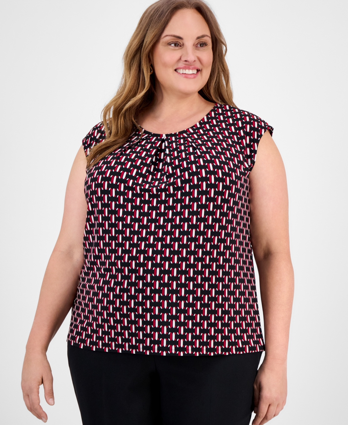 Click here for Kasper Plus Size Geo-Print Cap-Sleeve Top - Fire R... prices