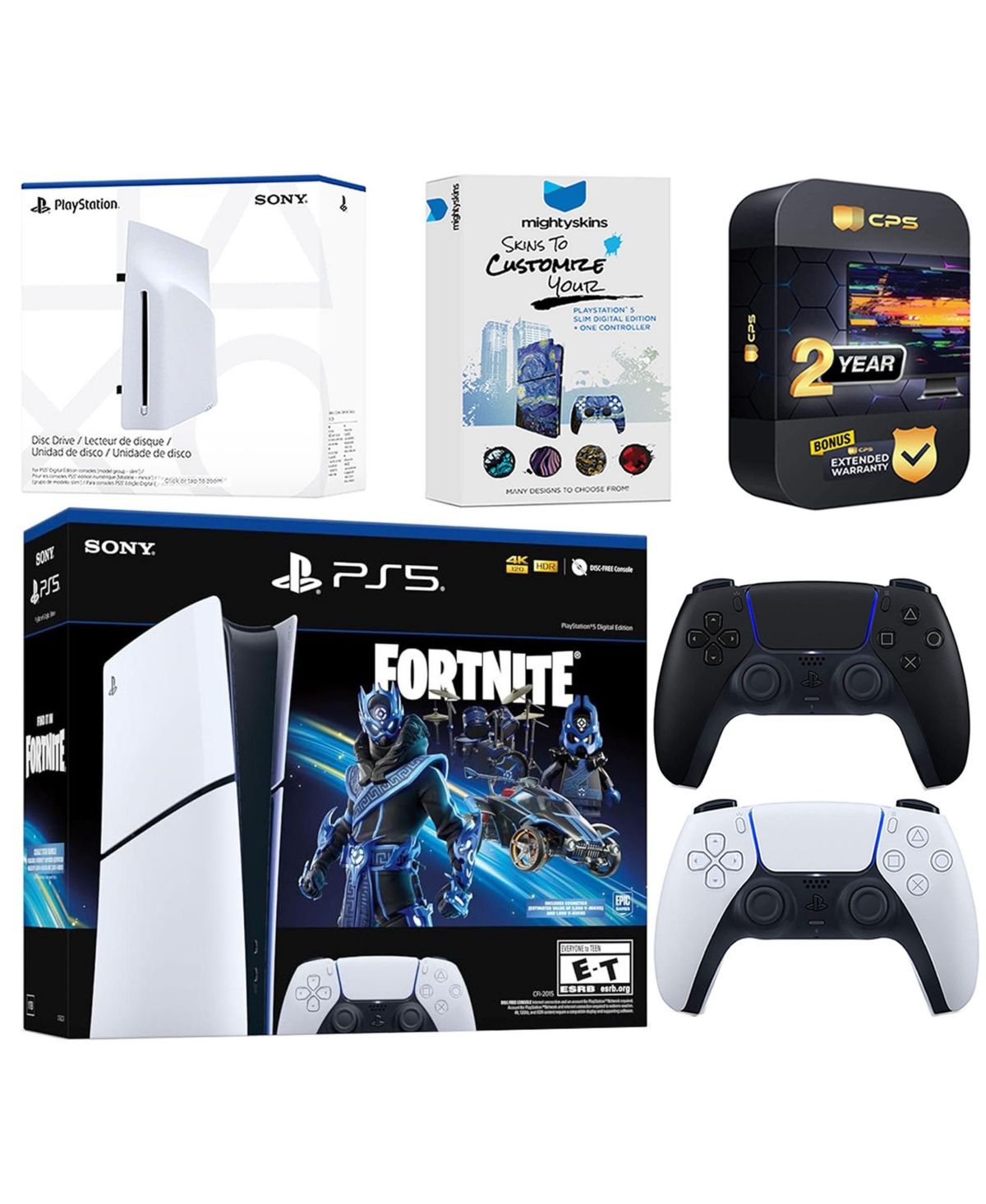 Sony PlayStation 5 Fortnite Slim Digital Bundle with Disc Drive  Extra Controller  MightySkins Voucher and 2 Year Extended Warranty - Black