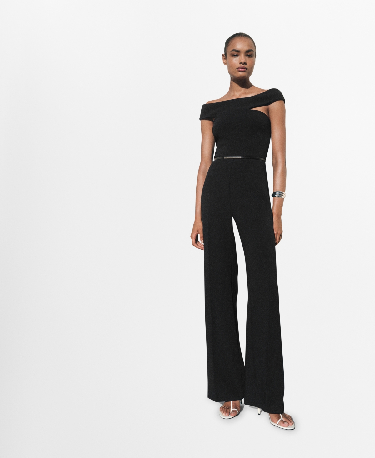 Mango Womens Asymmetrical Neck Long Jumpsuit - Black