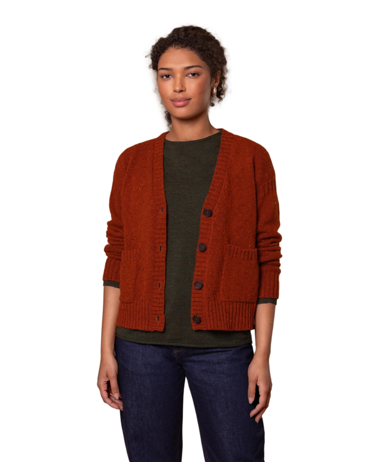 Click here for Celtic & Co. Donegal Boxy V-Neck Cardigan - Rust prices