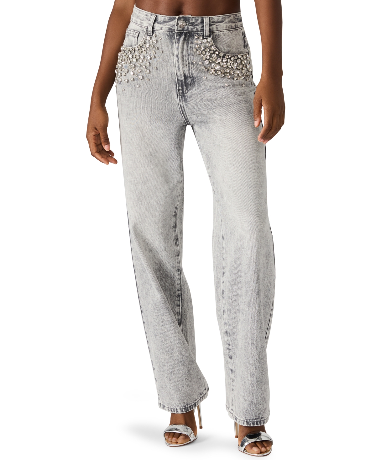 Steve Madden Womens Eras Crystal Embellished Straight Leg Jeans - Fog