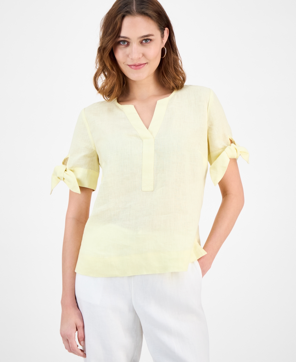 Click here for Charter Club Womens 100 Linen Split-Neck Tie-Cuff... prices