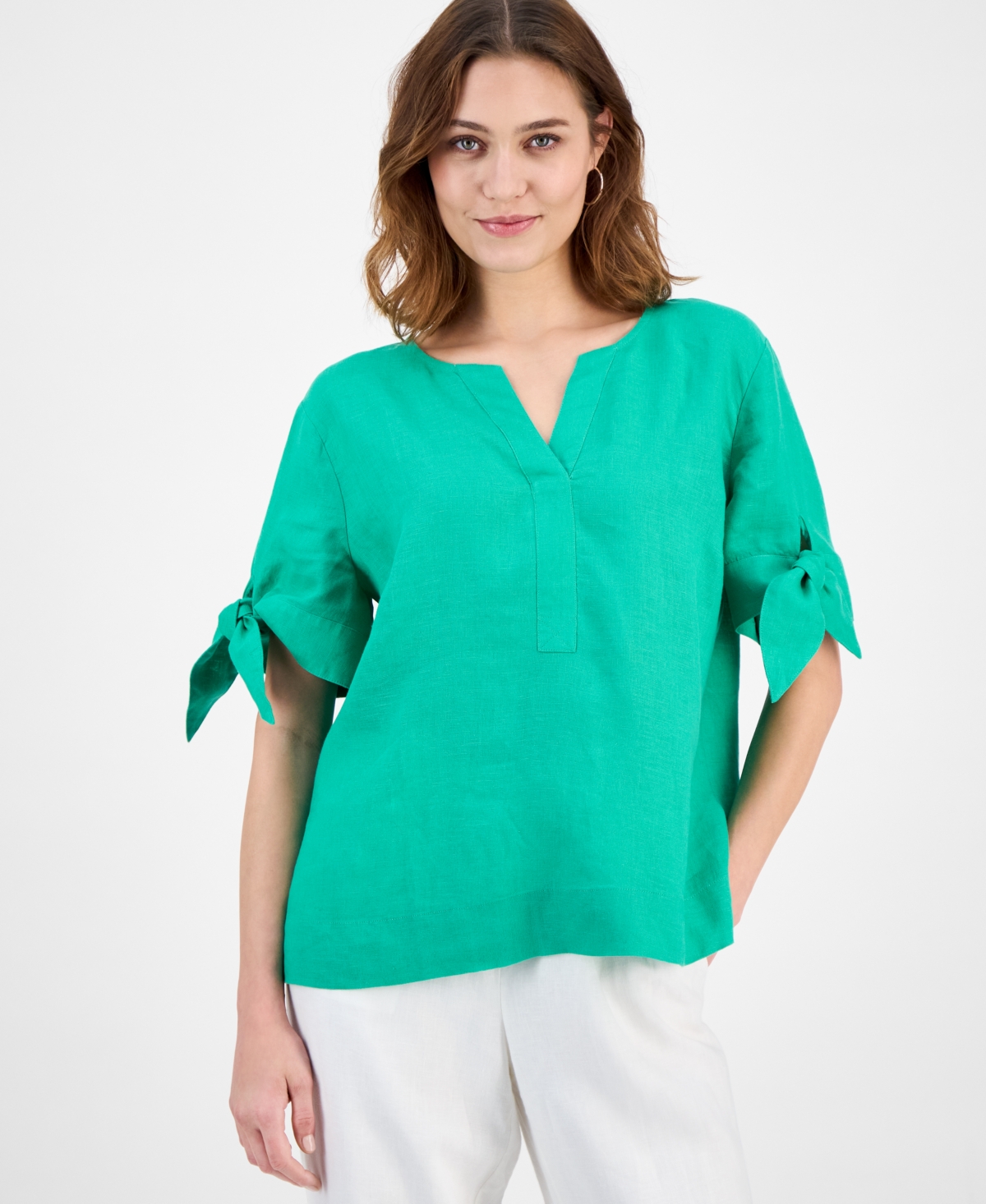Charter Club Womens 100 Linen Split-Neck Tie-Cuff Top  Created for Macys - Rich Emerald