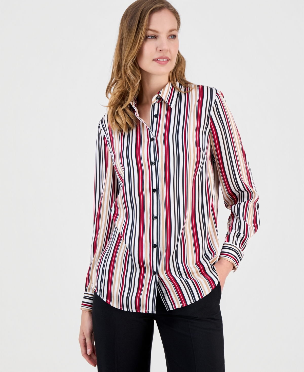 Click here for Kasper Womens Striped Button-Front Shirt - Vanilla... prices